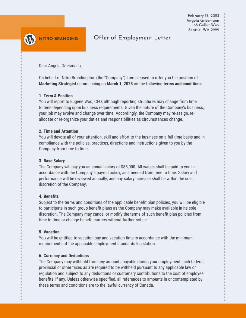 Orange Sample Job Offer Letter Template - Venngage