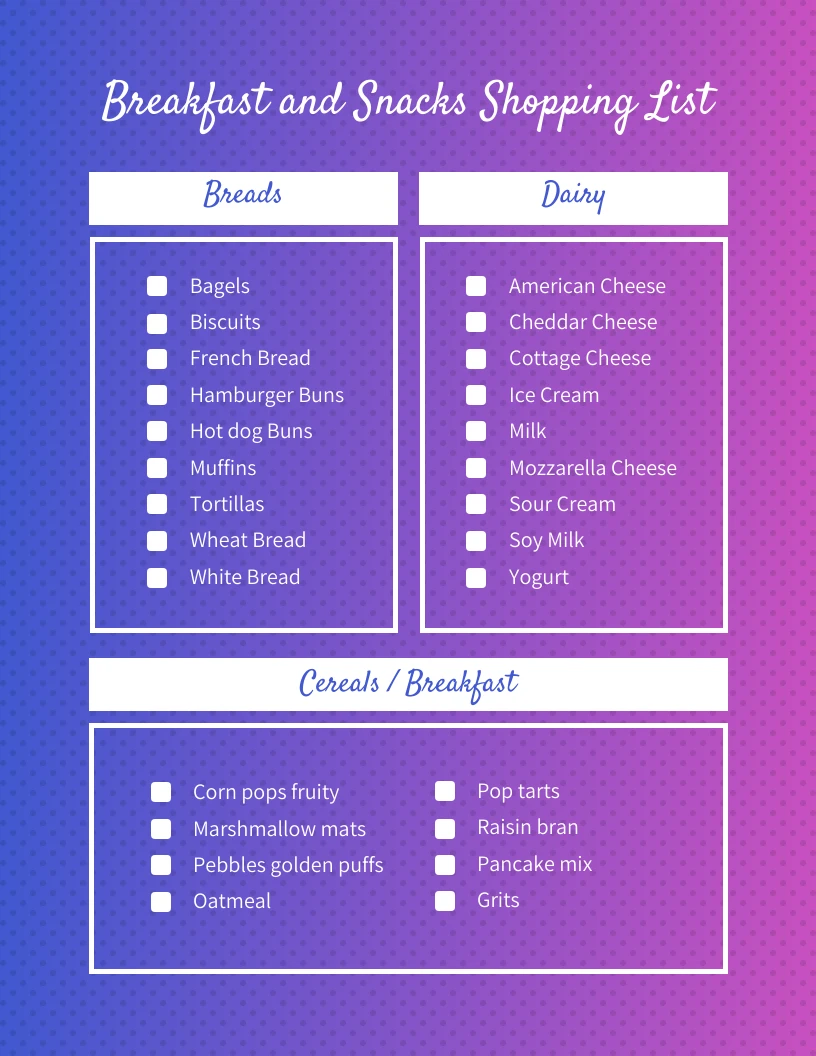 Purple Gradient Breakfast Shopping List Template - Venngage