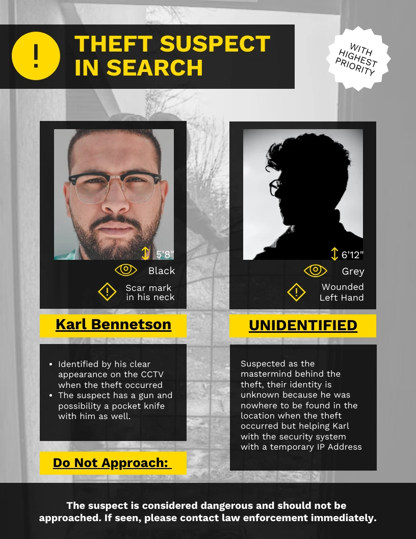 Black and Yellow Theft Suspect Wanted Poster - Venngage