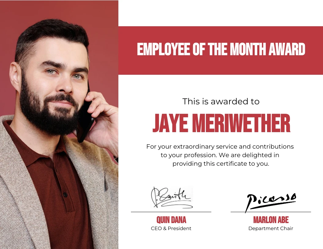 White Red Employee of The Month Certificate Template - Venngage