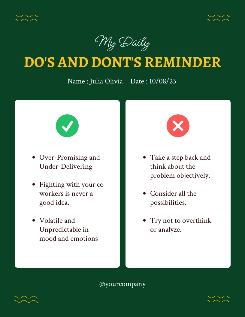 Yellow Daily Reminder T-Chart Diagram Template - Venngage