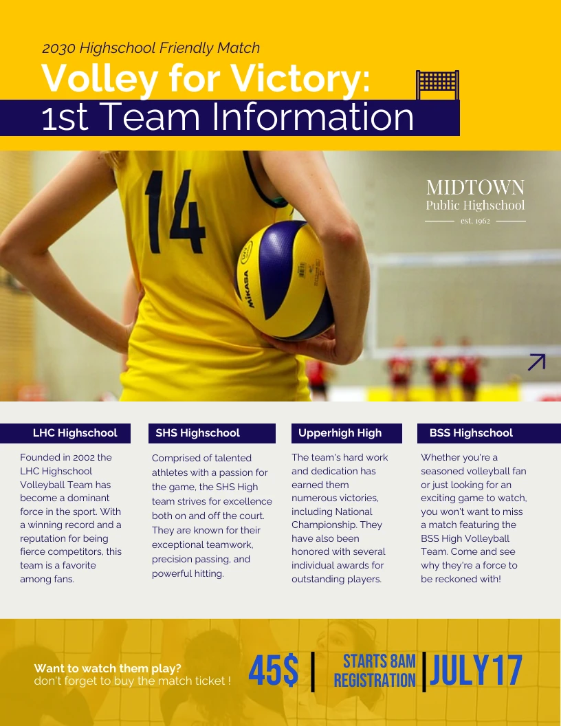 Yellow and Dark Blue Volleyball Team Information Poster - Venngage
