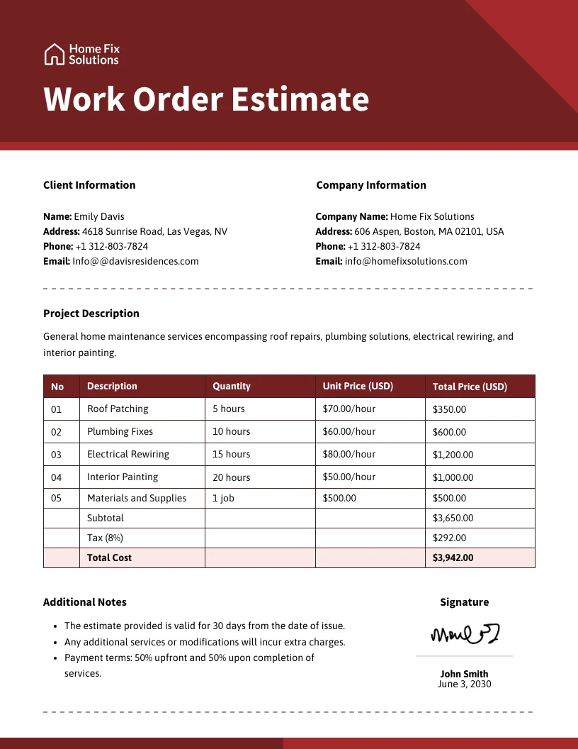 Printable Work Order Estimate Job Estimate Template, Printable