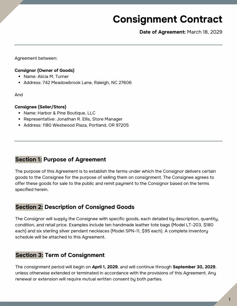 Consignment Contract Template - Venngage