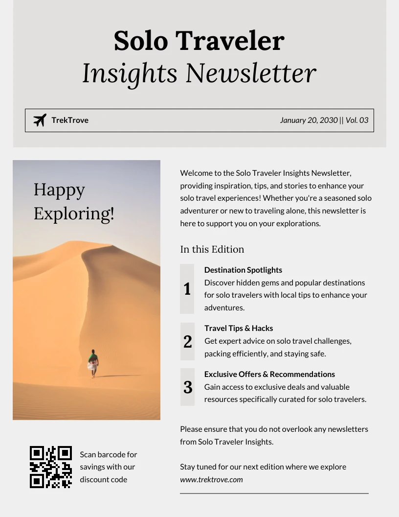 Solo Traveler Newsletter Template - Venngage