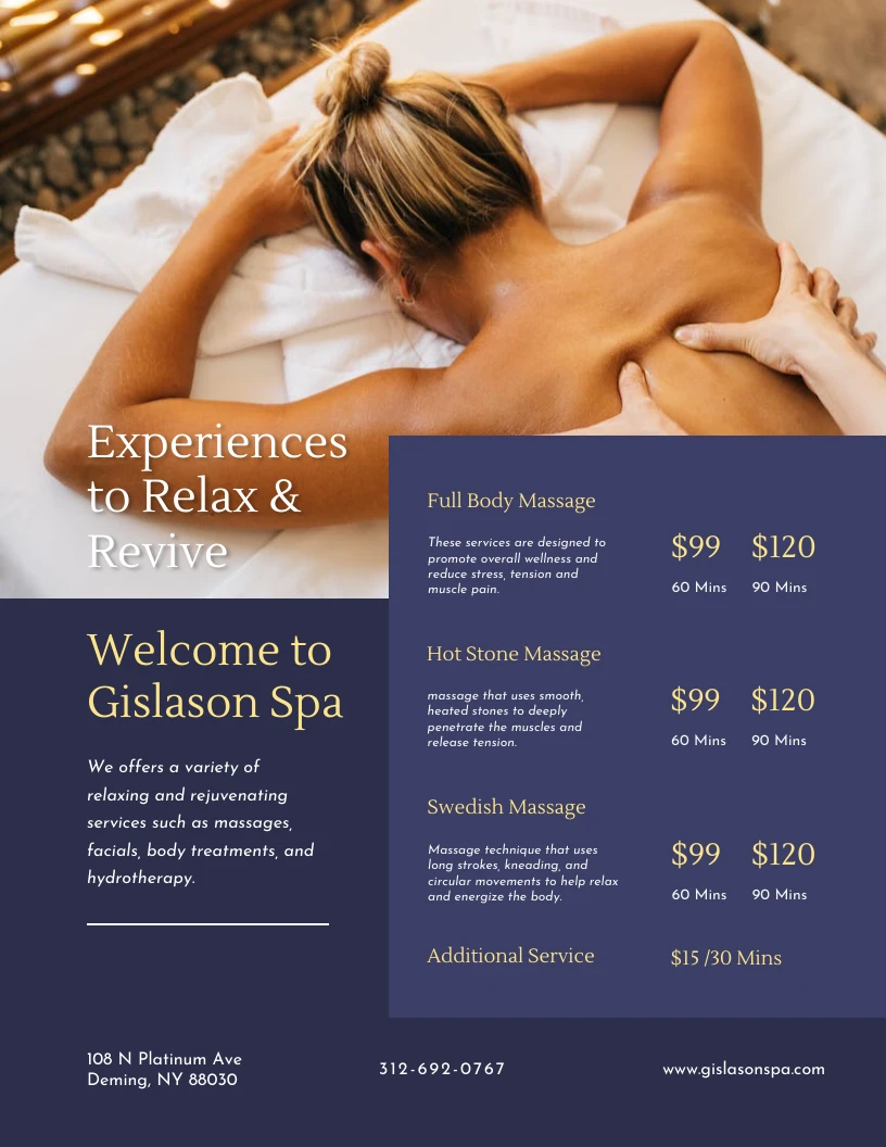 Menú del spa moderno azul marino - Venngage