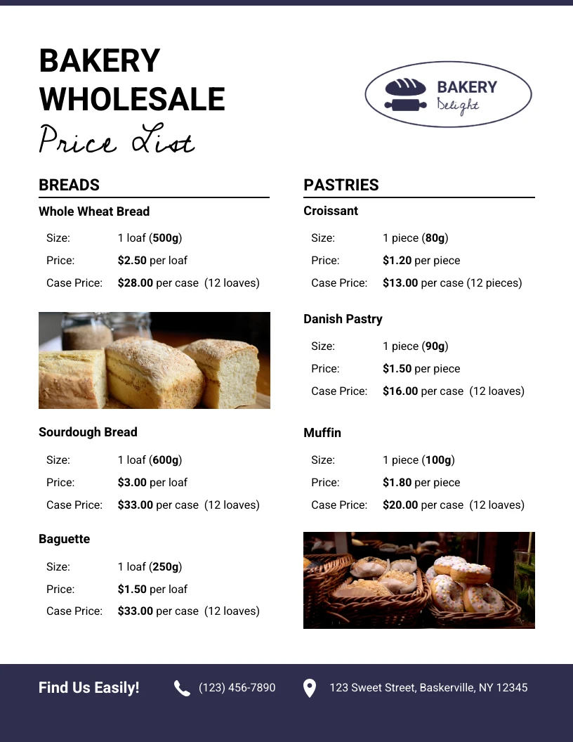 Bakery Wholesale Price List Template - Venngage