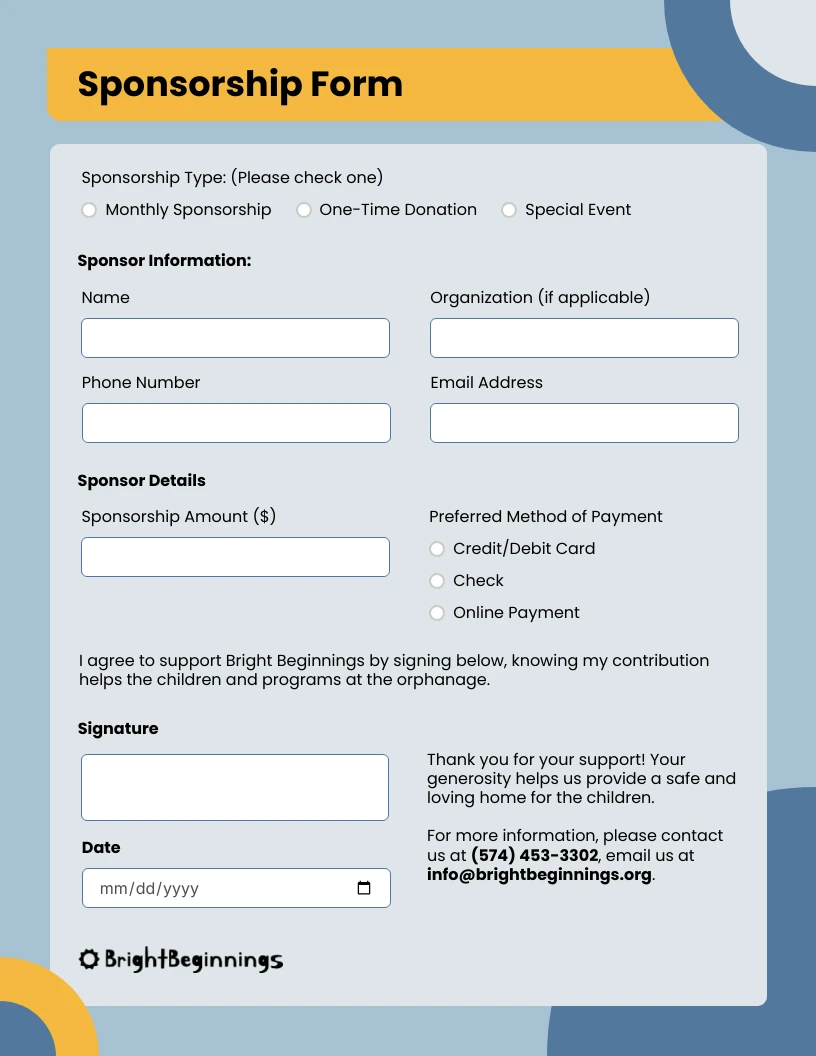 Blue and Yellow Sponsorship Form - Venngage