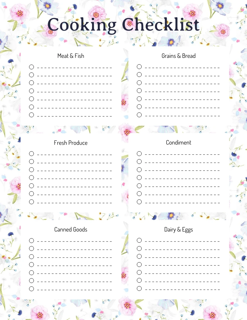 Floral Dishes Cooking Checklist Template - Venngage