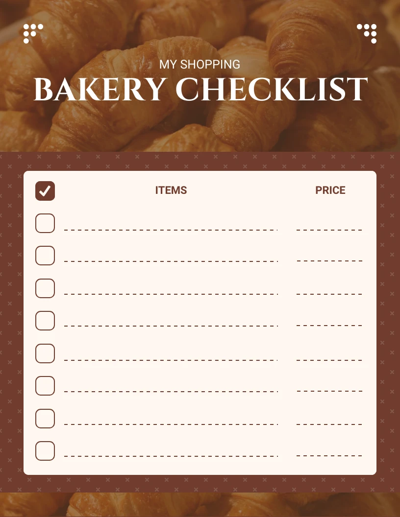 Bakery Items List Shopping Checklist Template - Venngage