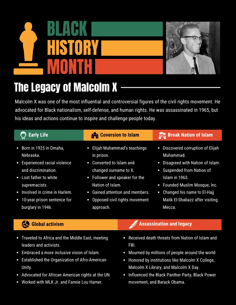 Black History Month Legacy of Malcolm X Infographic Template - Venngage