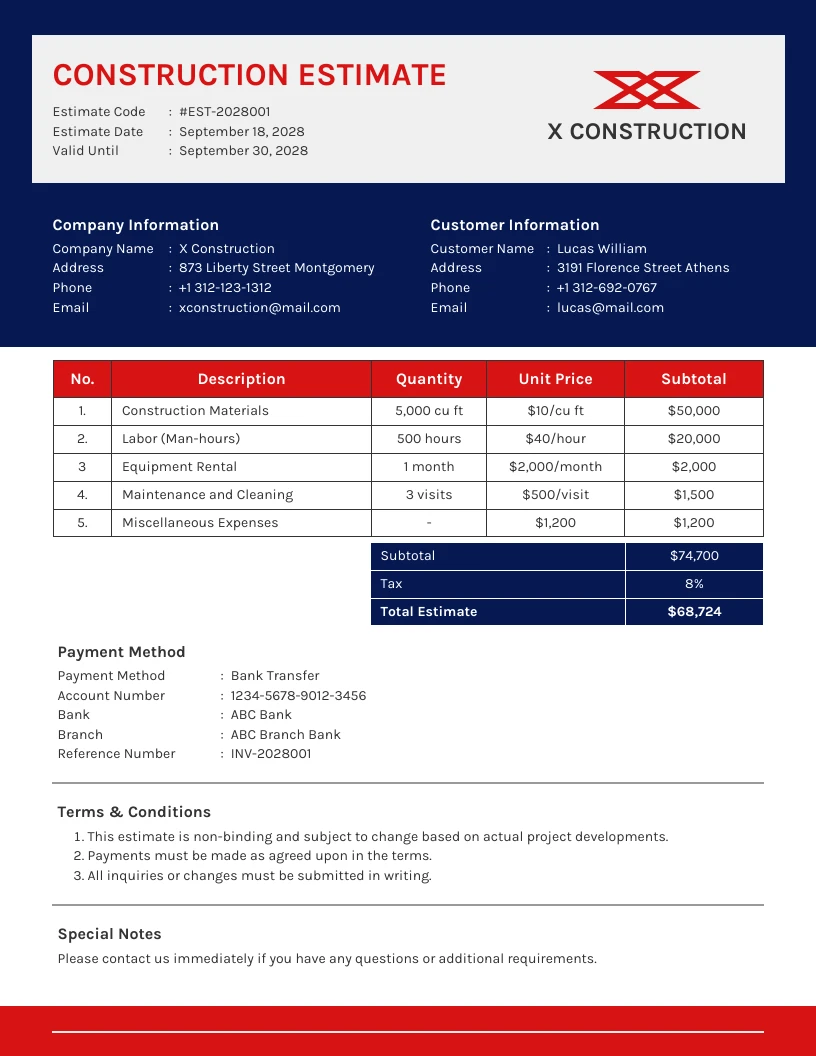 Construction Estimate Template - Venngage