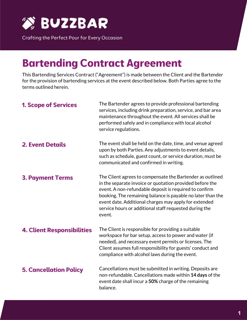 Free Bartending Contract Template - Venngage