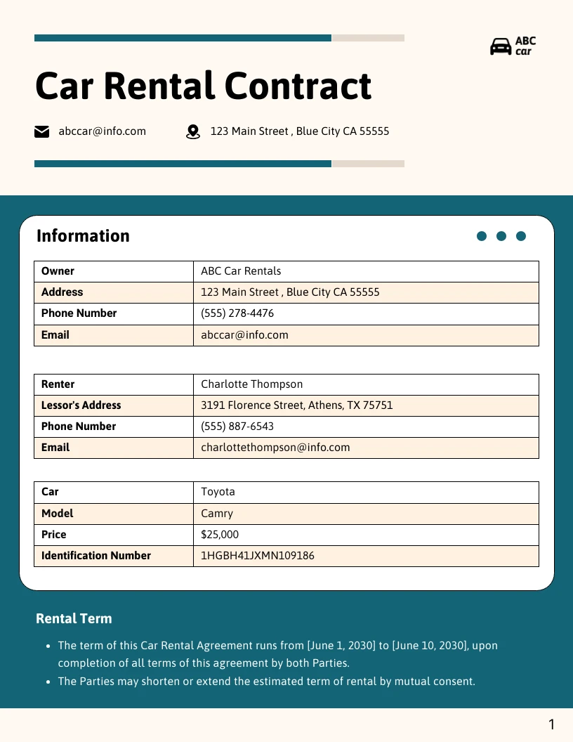 Car Rental Contract Template - Venngage