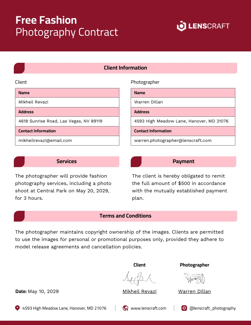 Contrato de fotografia de moda grátis - Venngage