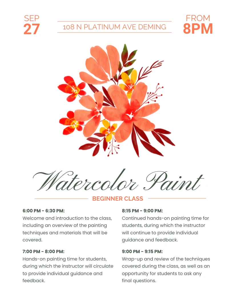 Watercolor Paint Beginner Class Schedule Flyer Template - Venngage