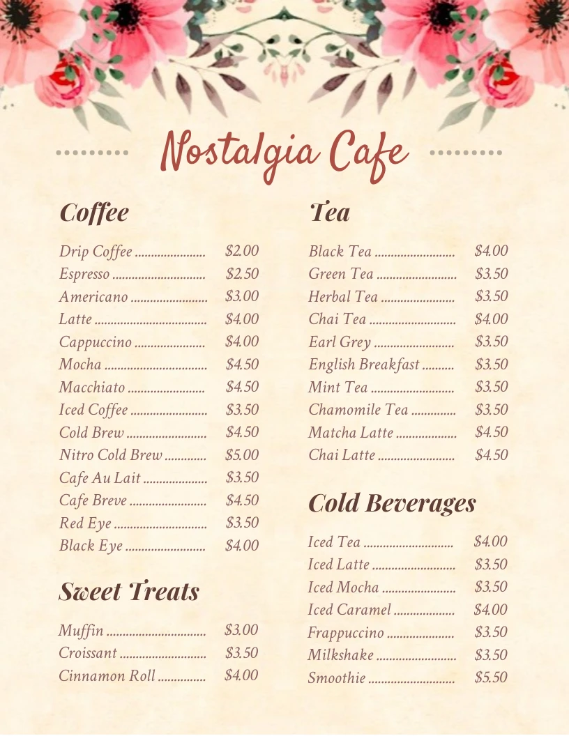 Light Yellow Classic Floral Background Cafe Menu - Venngage