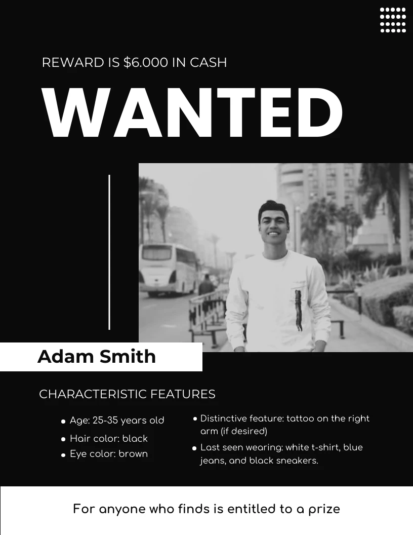 Black Modern Monochrome Photo Male Wanted Poster - Venngage