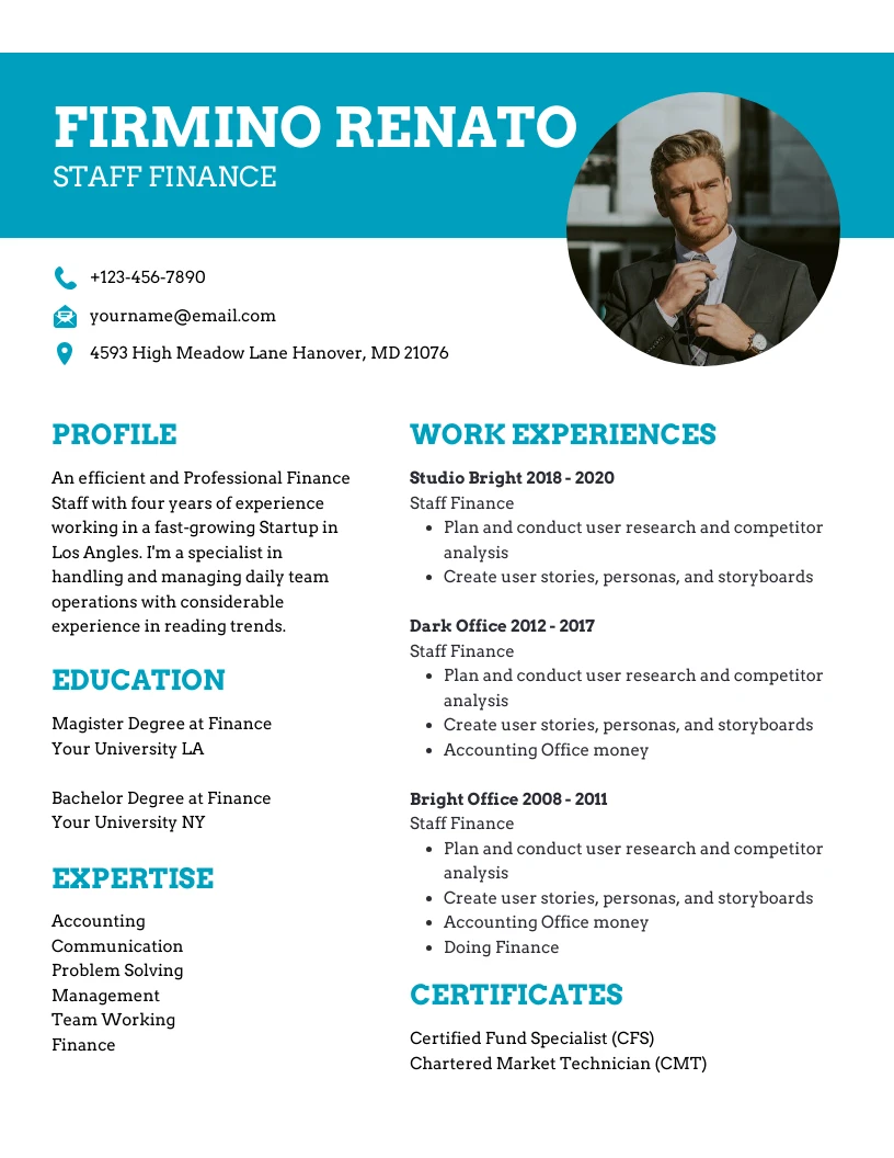 Blue White Clean Professional Finance Resume Template - Venngage