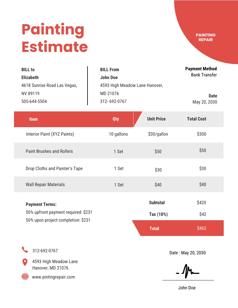 White Red Painting Estimate Template - Venngage
