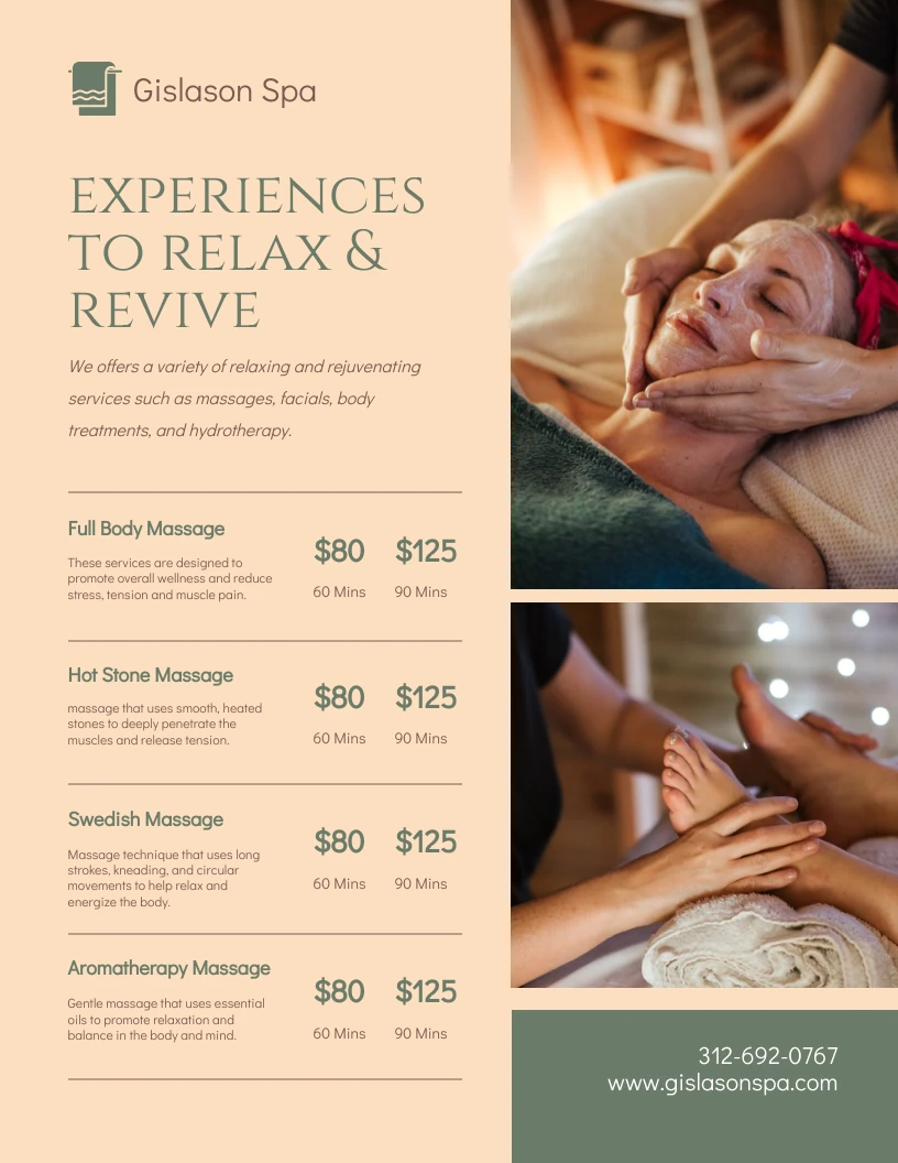 Cream and Green Minimalist Spa Menu - Venngage