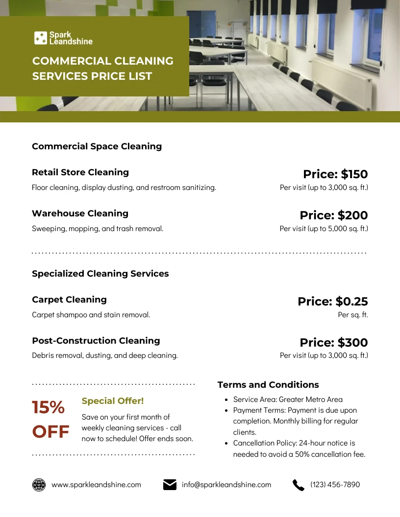 Commercial Cleaning Services Price List Template - Venngage
