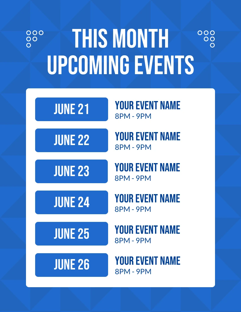 Blue Modern Geometric Upcoming Events Schedule Template - Venngage