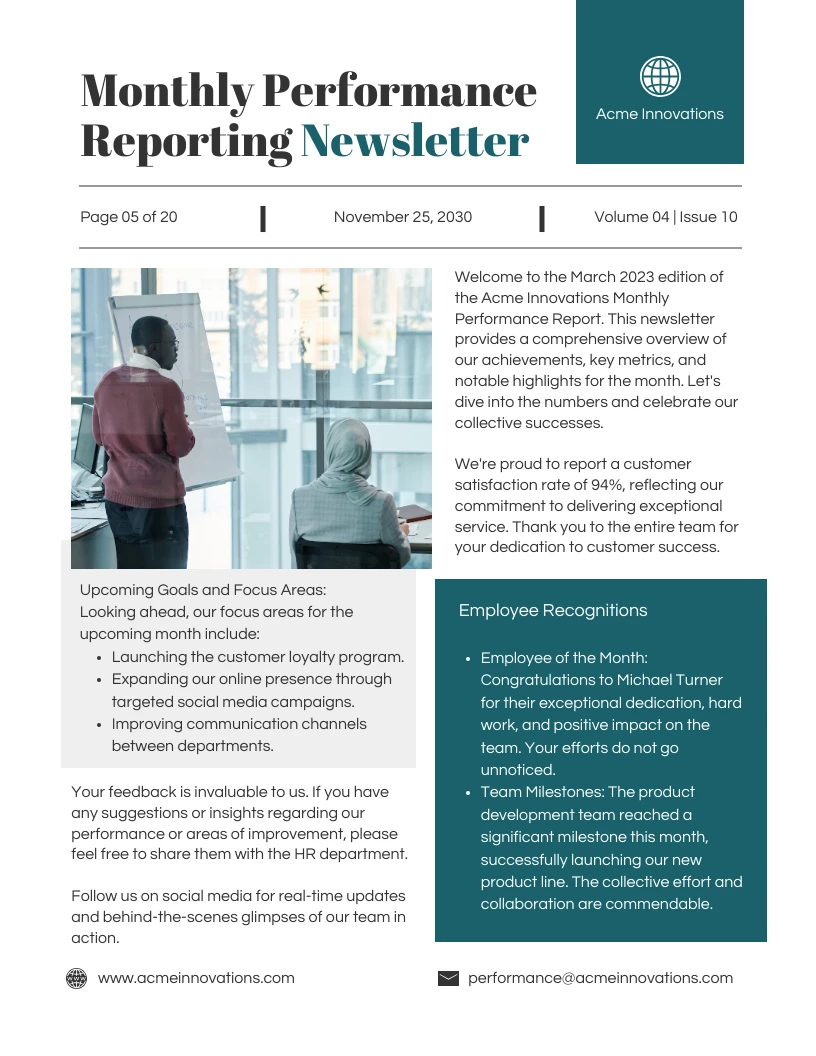 Employee Monthly Performance Reporting Newsletter Template - Venngage