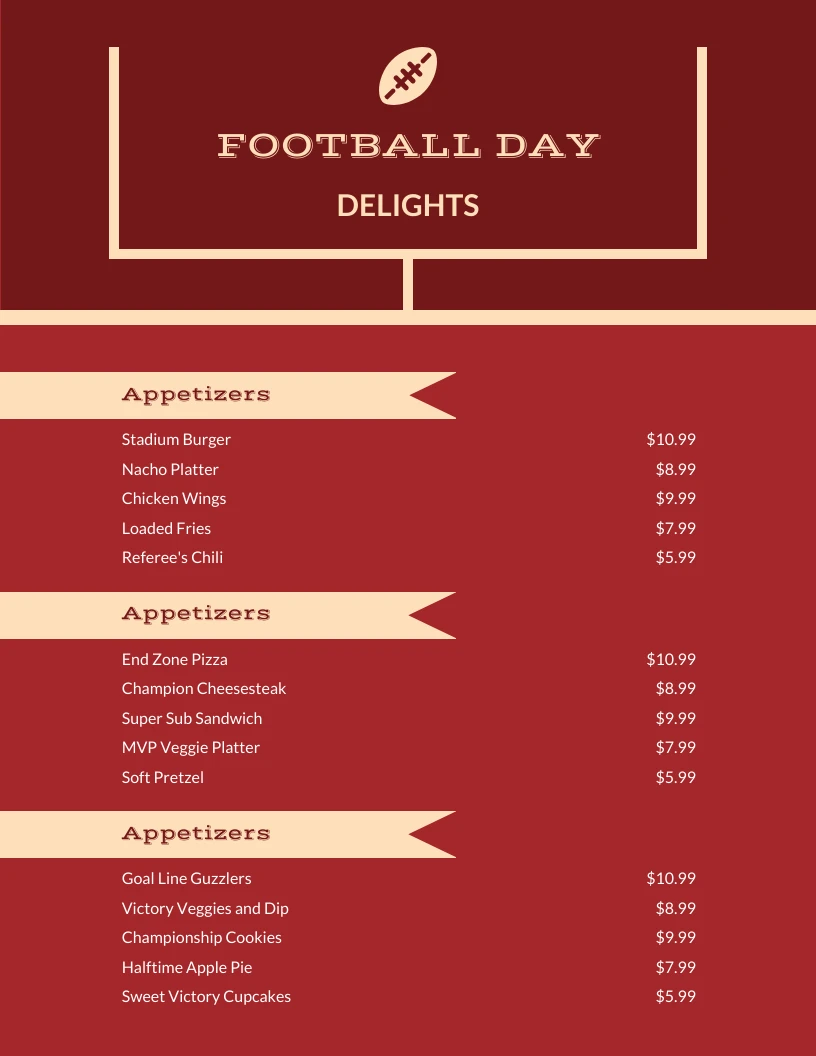 Maroon Cream Modern Football Menu - Venngage