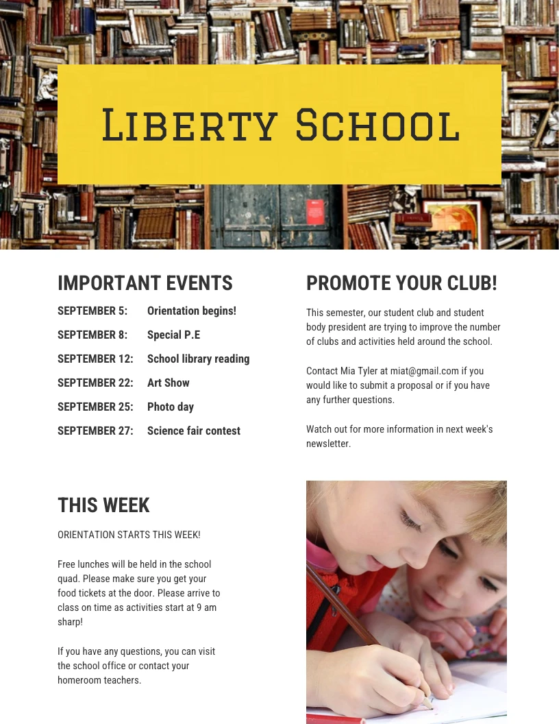 Yellow Bookshelf School Newsletter Template - Venngage