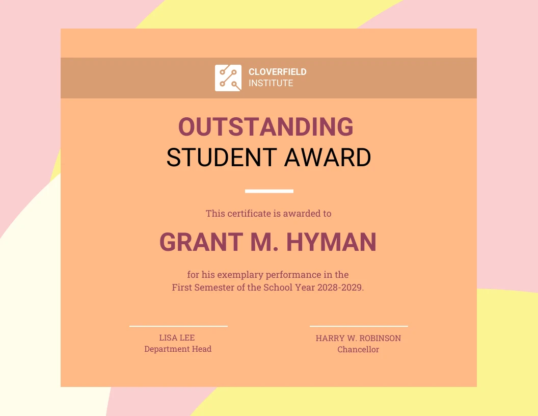 Peach Sample Best Student Award Certificate Template - Venngage