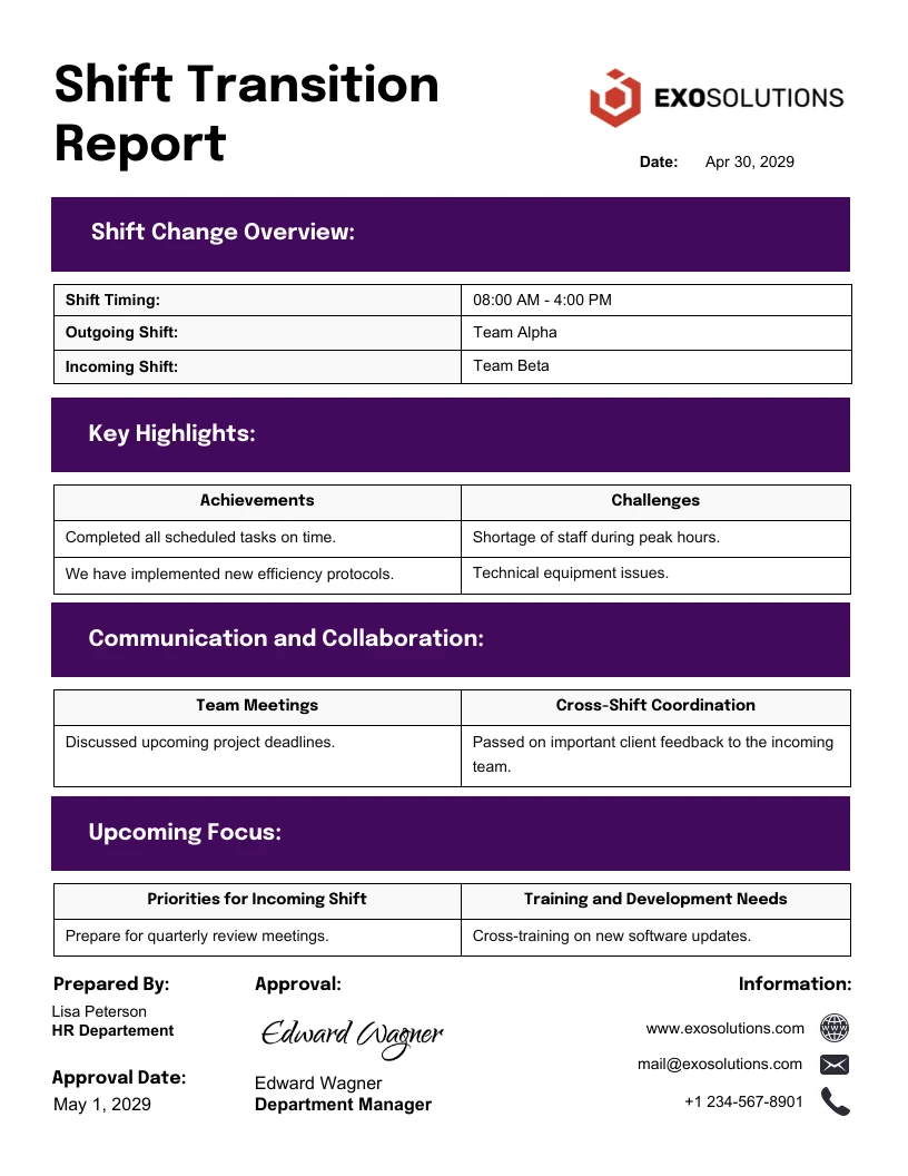 Shift Transition Report Template - Venngage