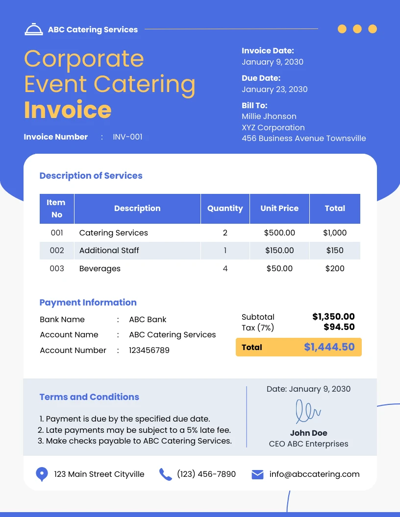 Corporate Event Catering Bill Invoice Template - Venngage