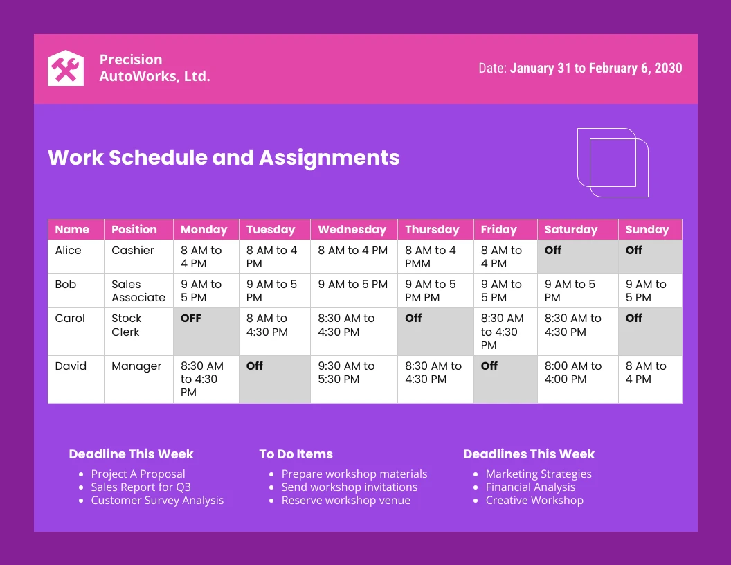 Pink and Purple Employe Workshop Schedule Form - Venngage