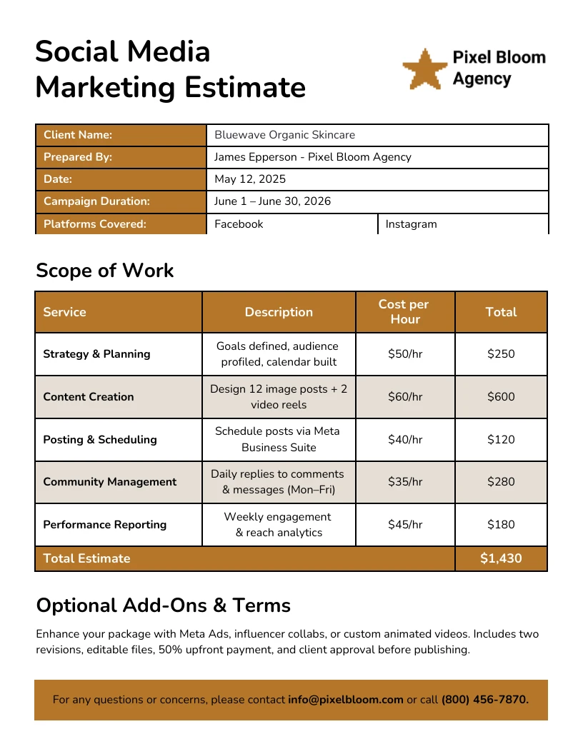 Modèle de tableau d'estimation du marketing sur les réseaux sociaux ...