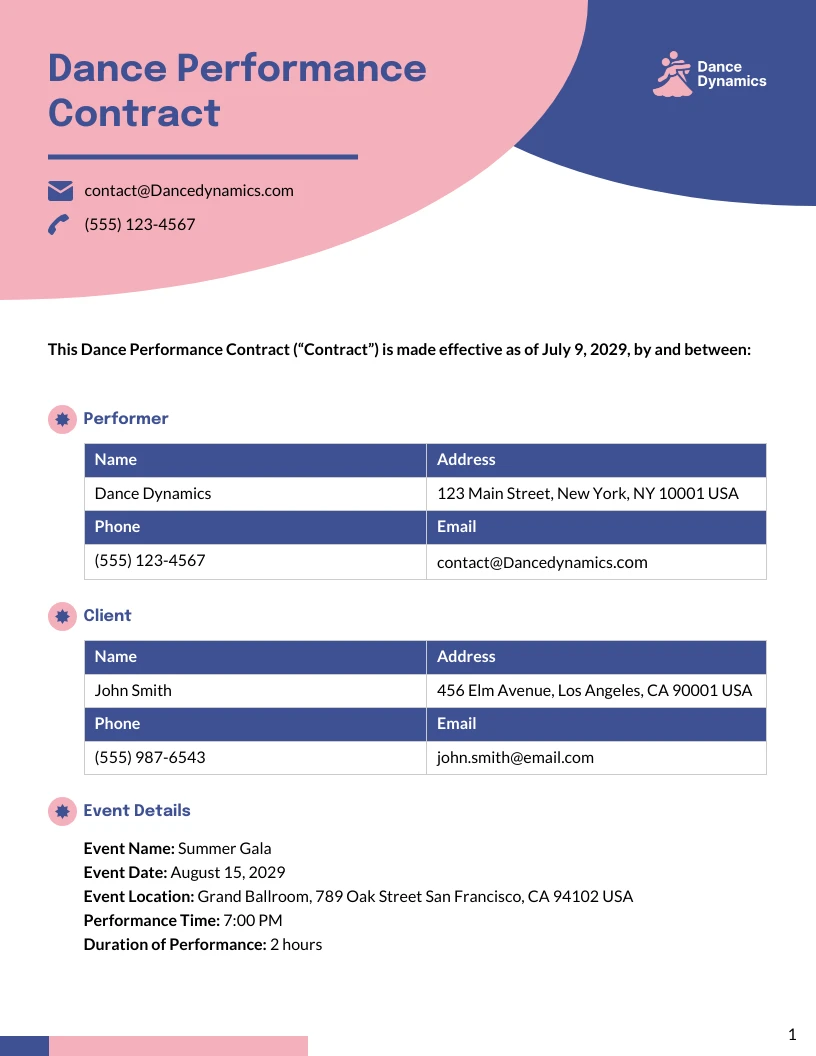 Modèle de contrat de spectacle de danse - Venngage