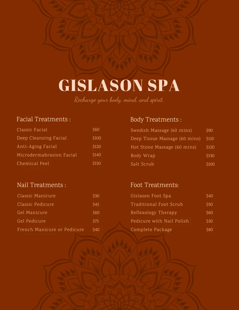 Brown Aesthetic Spa Menu - Venngage