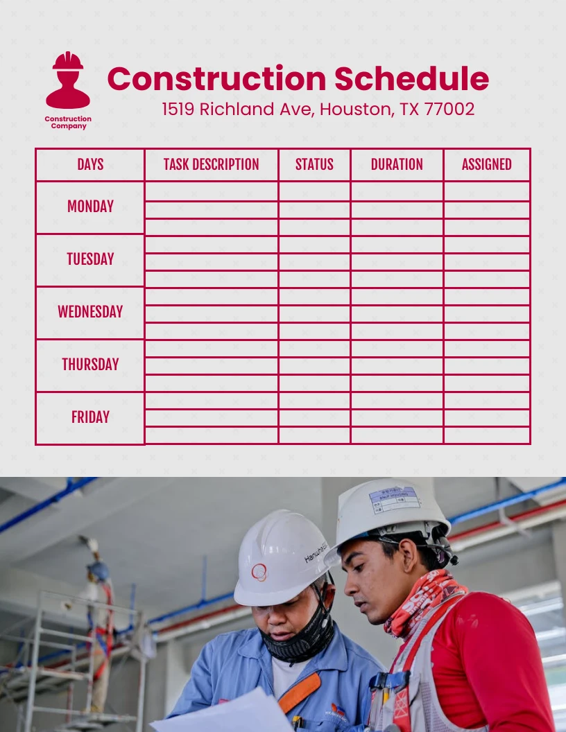 Light Grey And Red Simple Construction Schedule Template - Venngage