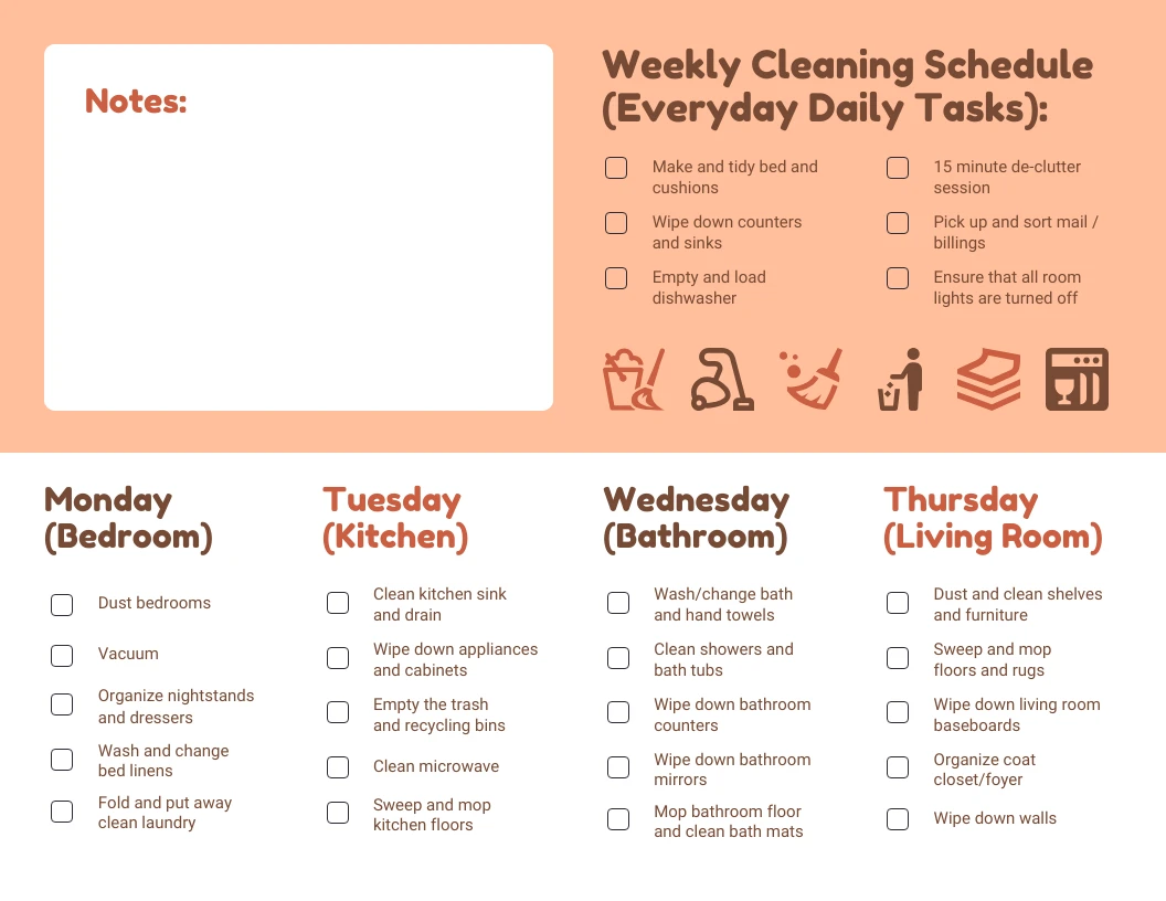 Peach Weekly Cleaning Schedule Checklist Template - Venngage