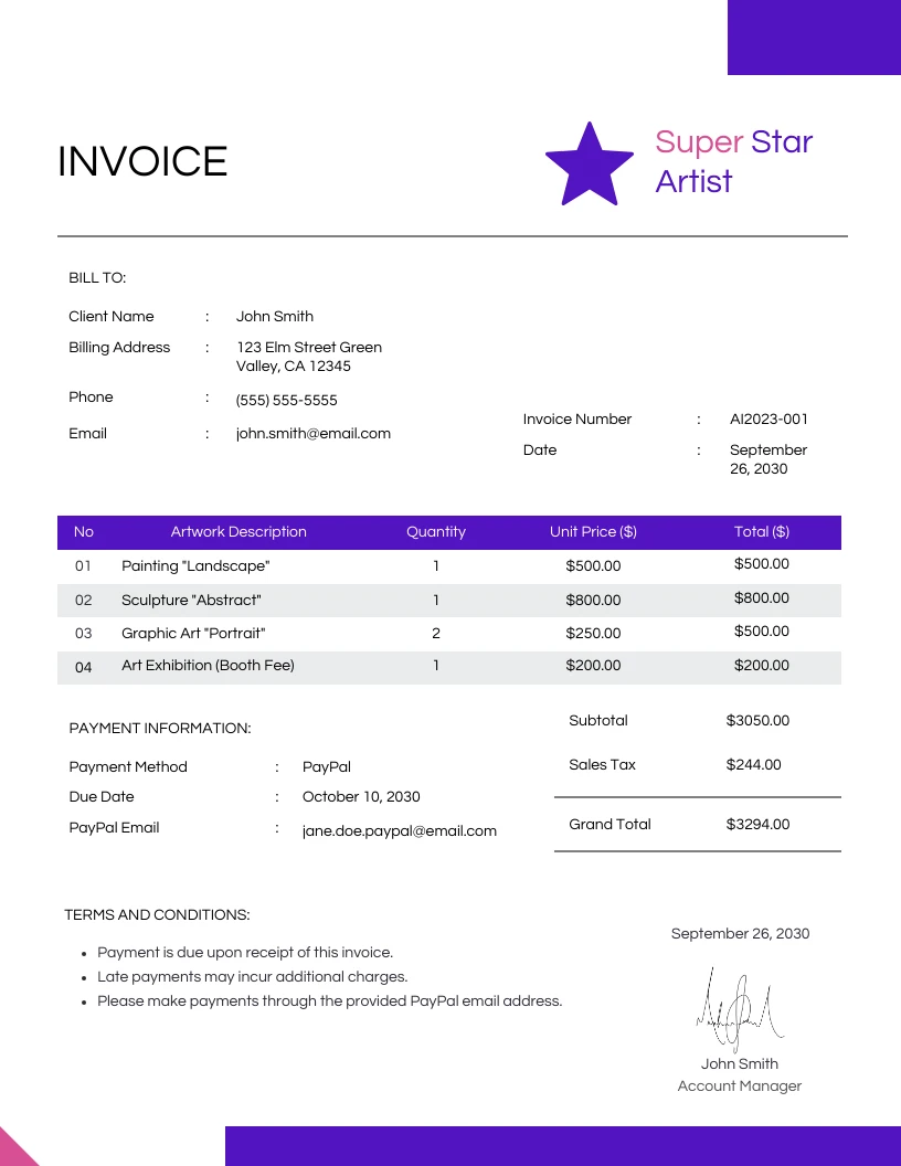 Minimalist Artist Invoice Template - Venngage