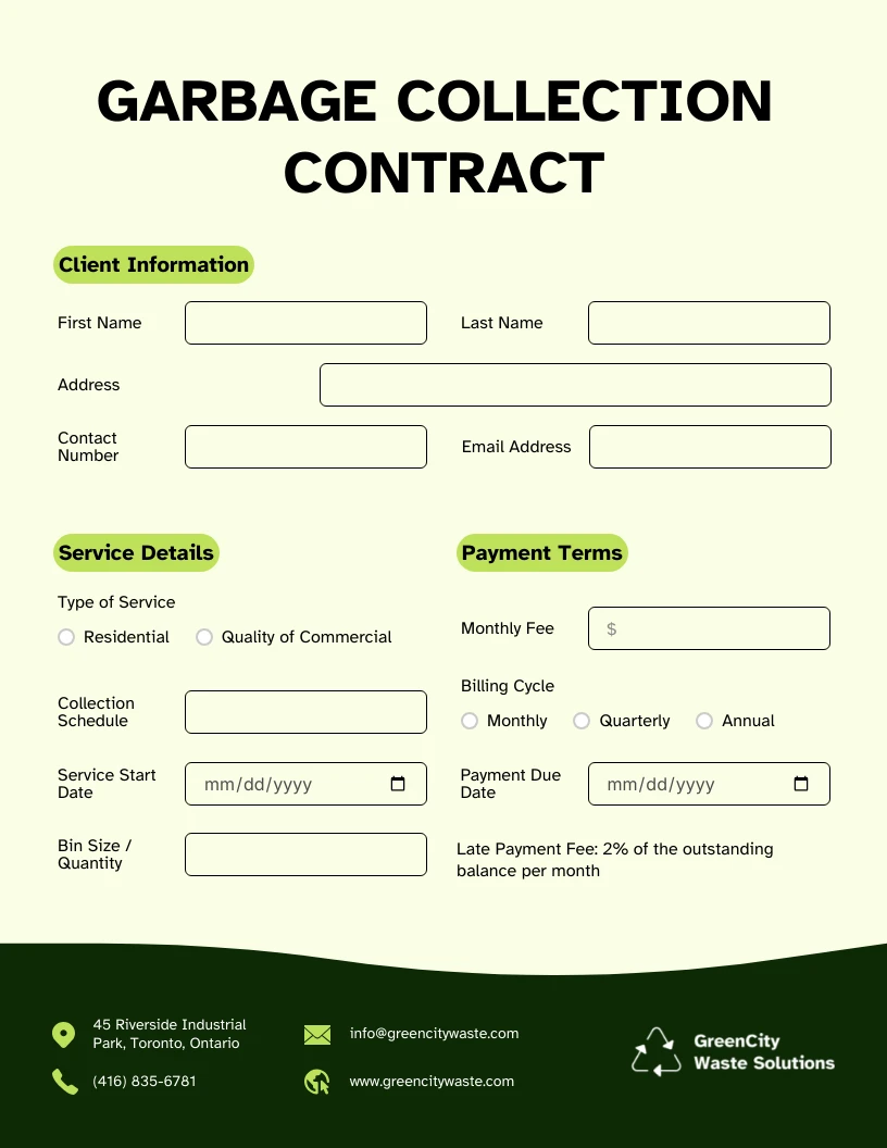 Plantilla de contrato de recolección de basura - Venngage