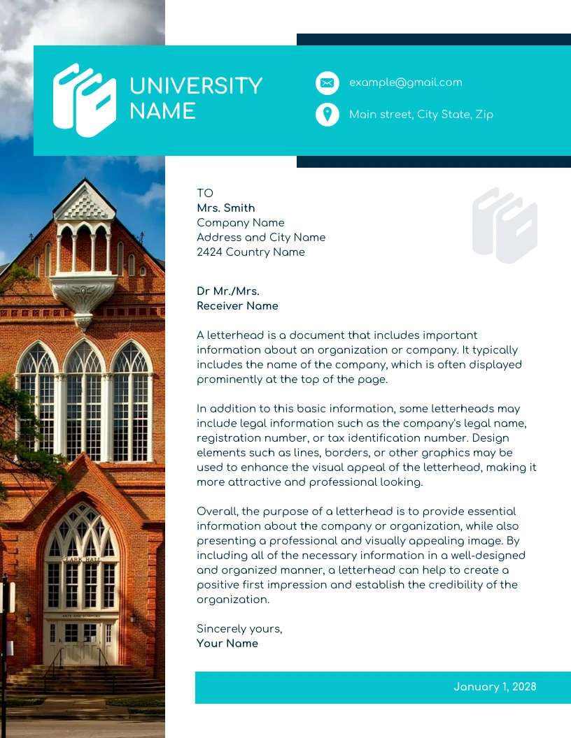 White Blue Modern Professional University Letterhead Template - Venngage