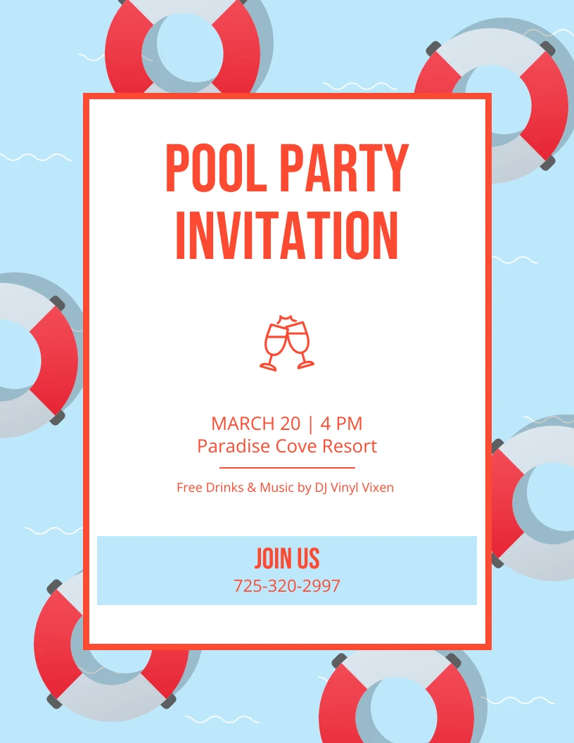 Red And Blue Illustrative Lifebuoy Pool Party Invitation - Venngage