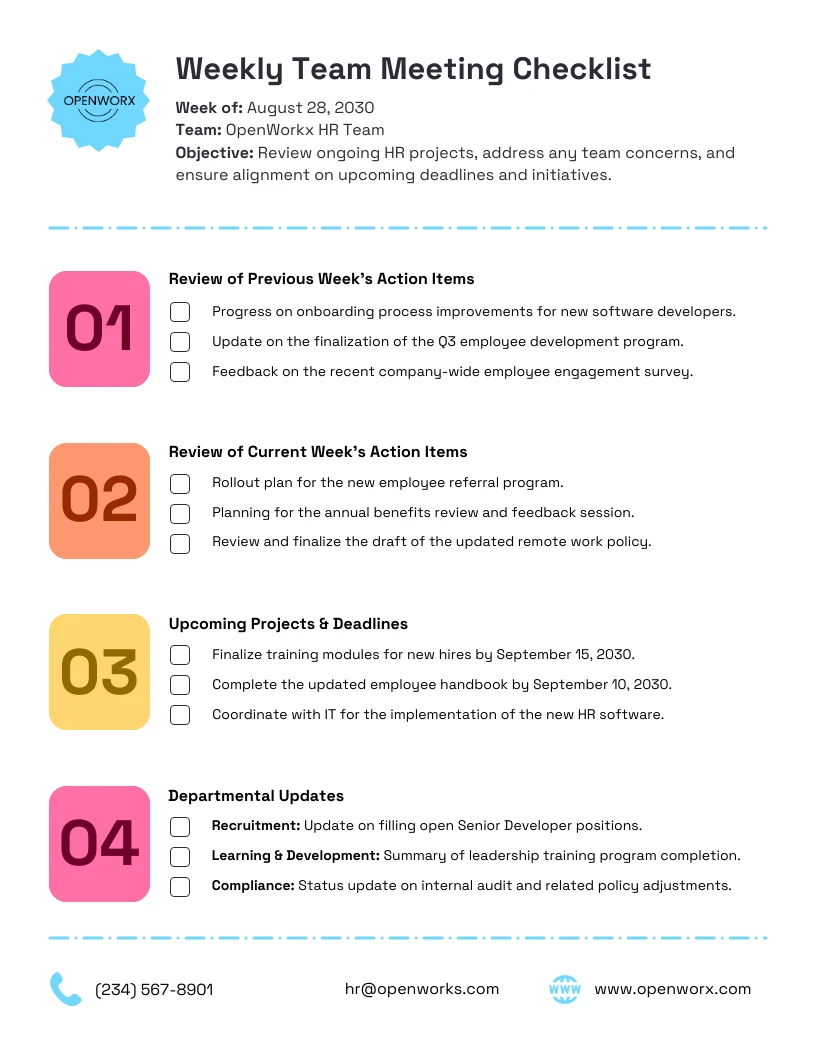 Weekly Team Meeting Topic Work Checklist Template - Venngage