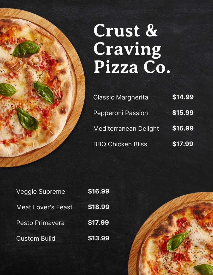 Dark Grey Minimalist Pizza Menu - Venngage