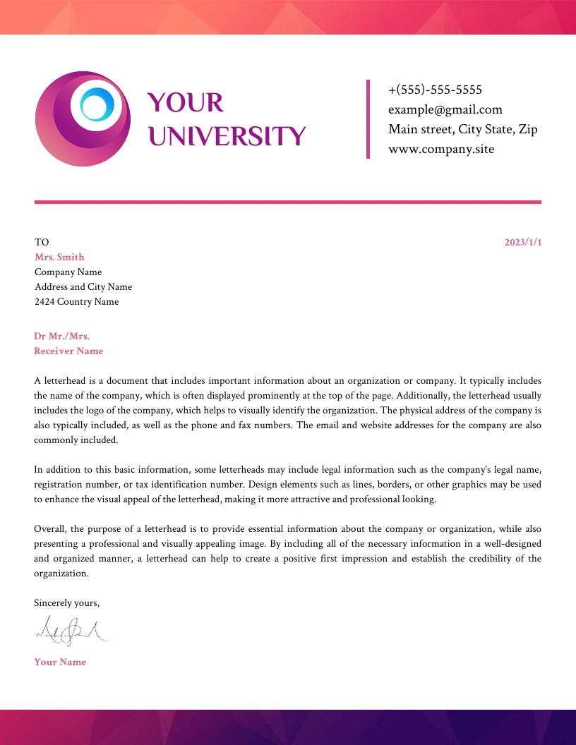 Modern Gradient Professional University Letterhead Template - Venngage