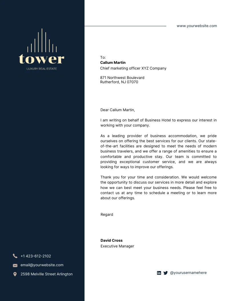White and Dark Blue Minimalist Hotel Business Letterhead - Venngage