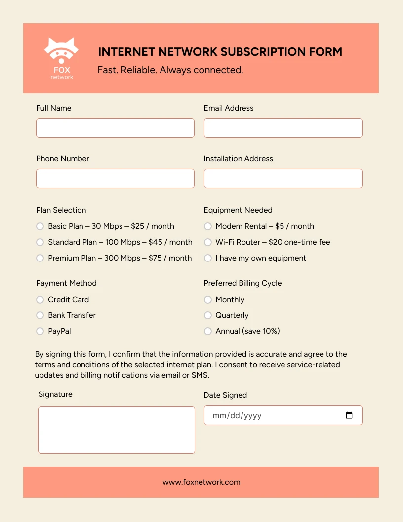 Formulario de suscripción a la red de Internet de Naranja y Crema ...