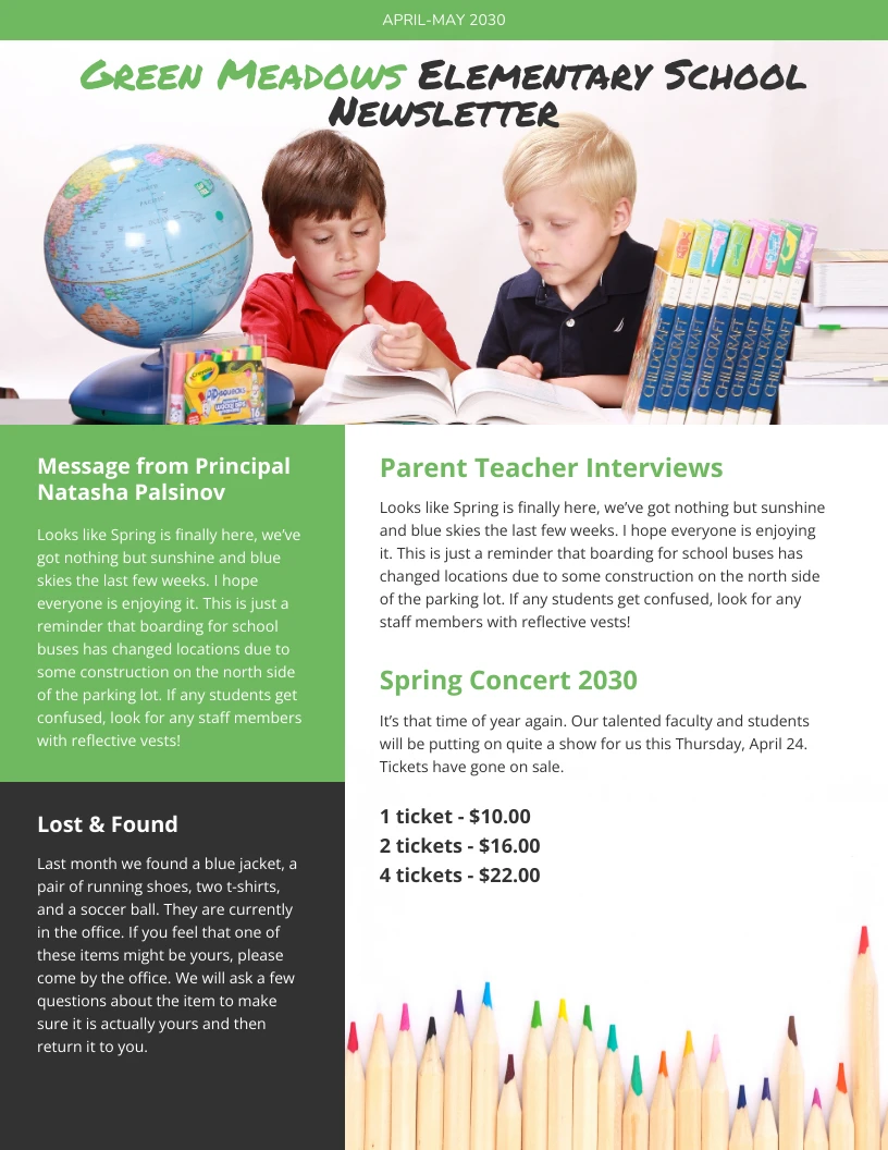 Green Elementary Newsletter Template - Venngage