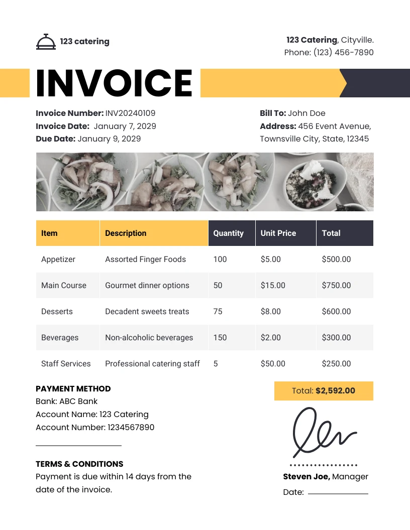 Sample Private Party Catering Invoice Template - Venngage